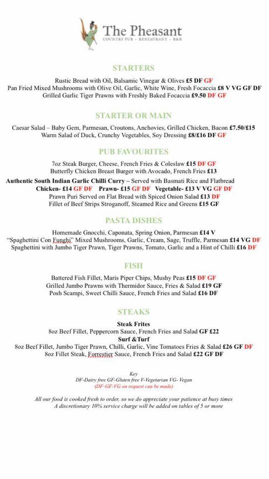 Menu at The Pheasant pub & bar, Brill