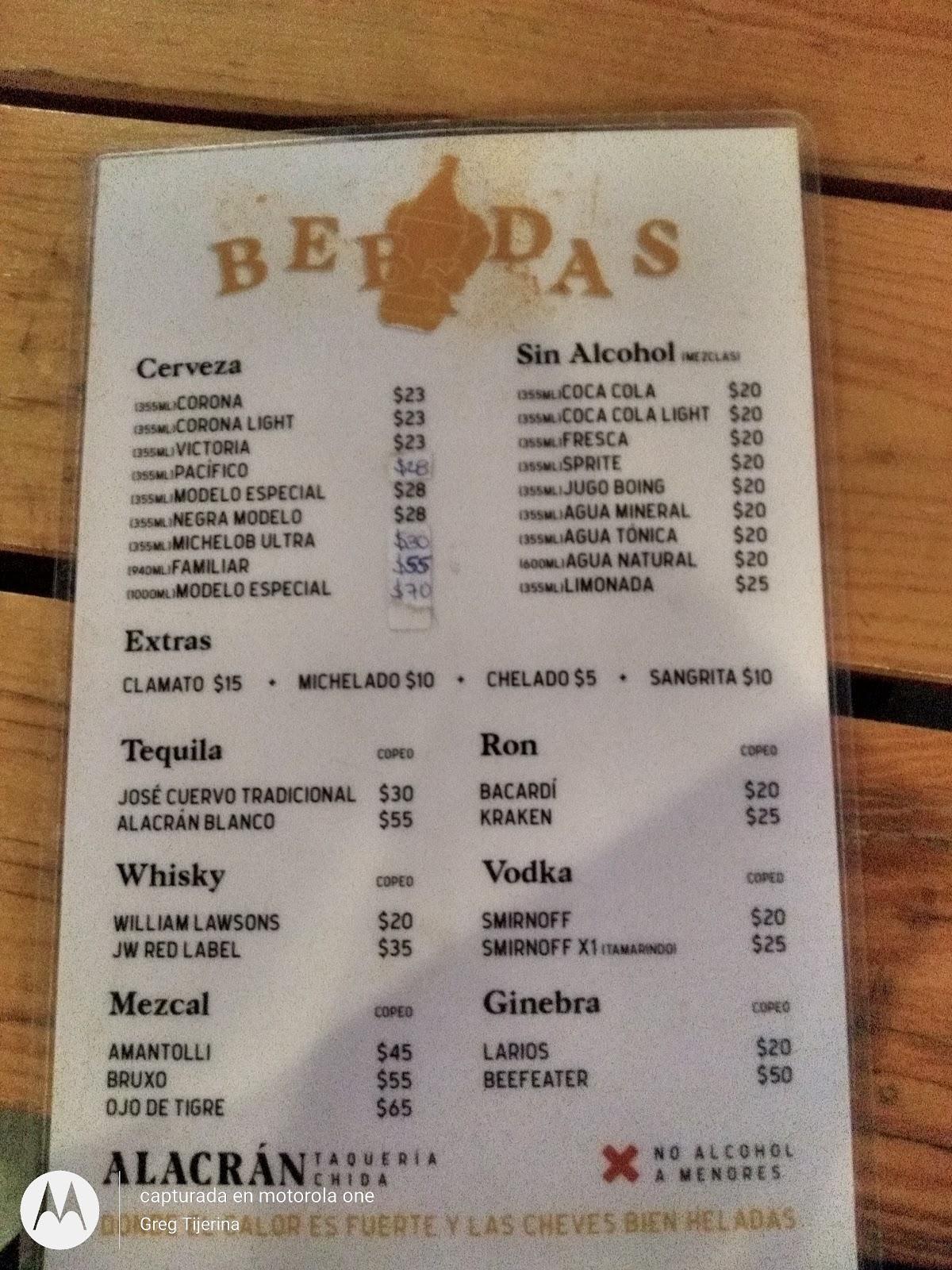 Carta del restaurante Alacran Taquería Chida, Gómez Palacio