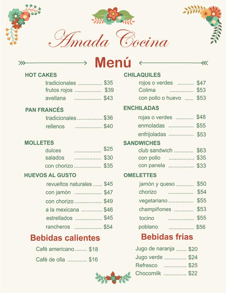 Menu at Amada Cocina restaurant, Manzanillo
