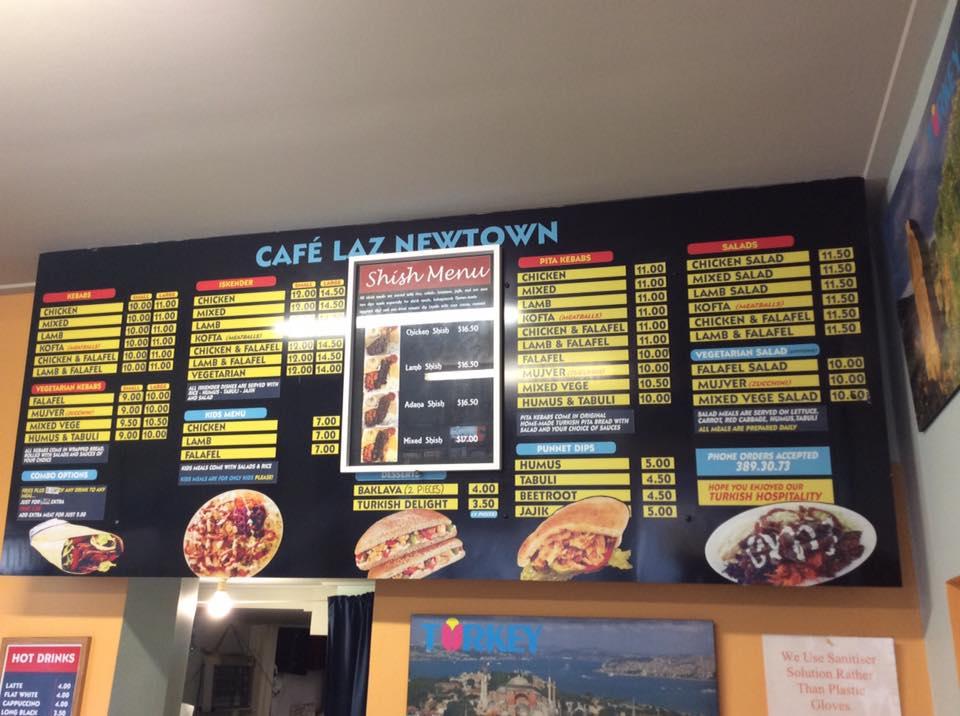 Menu at Cafe Laz Turkish Kebab House, Wellington, 121 Riddiford St