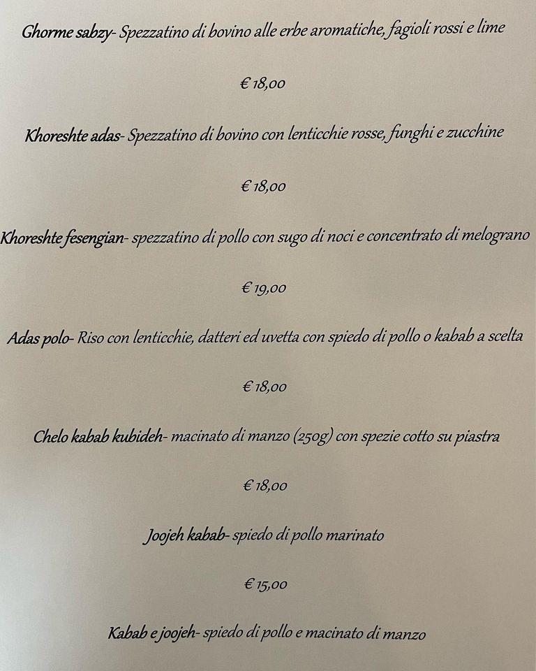 Menu da Dastan ristorante, Alessandria