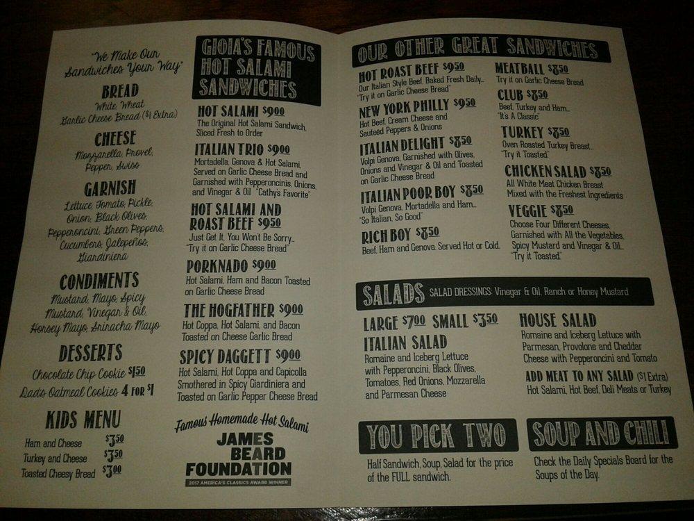 Menu at Gioia's Deli restaurant, St. Louis, Macklind Ave