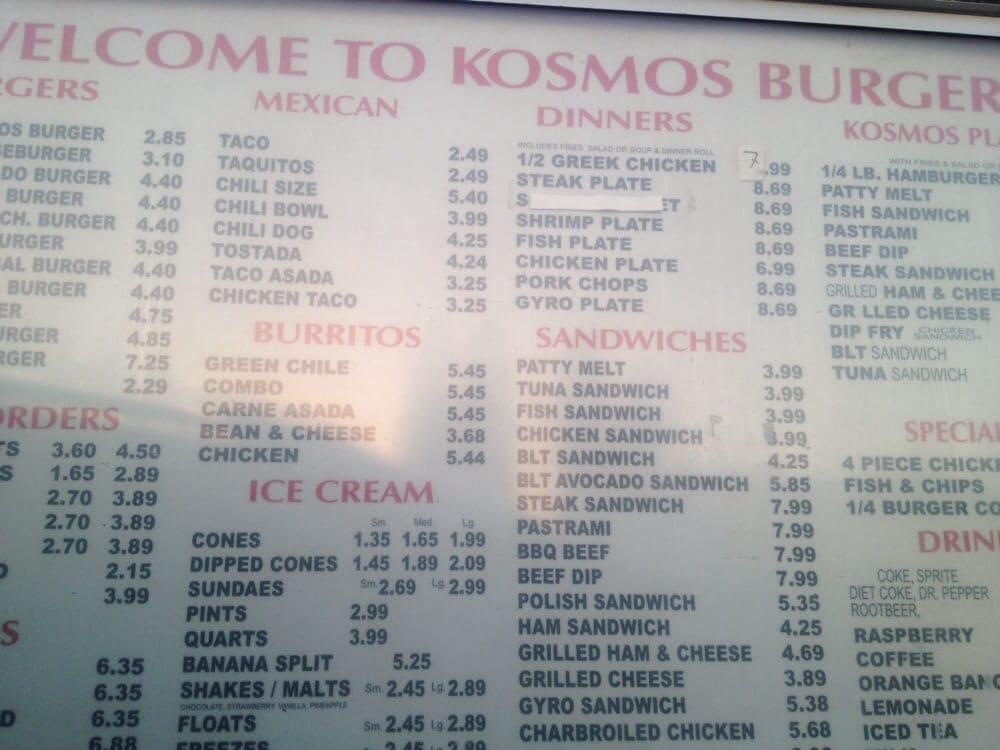 Menu at Kosmos Burgers restaurant, San Dimas