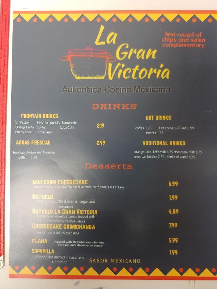 Menu at La Gran Victoria restaurant, Roswell