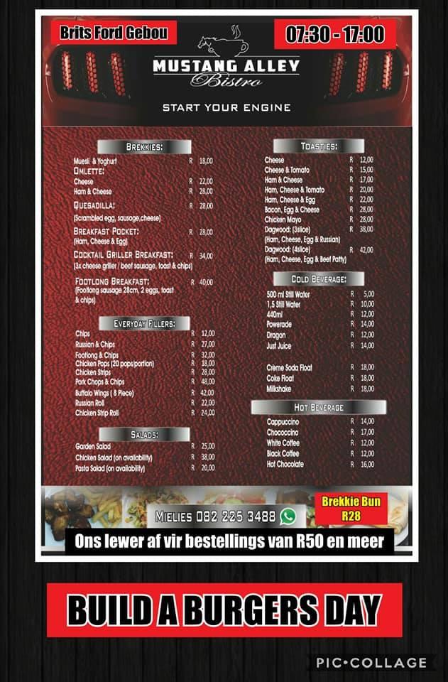 Menu at Mustang Alley Bistro, Brits, 14 Van Deventer
