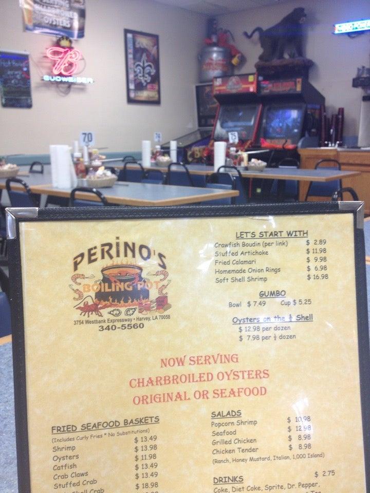 Menu at Perino's Boiling Pot restaurant, Harvey