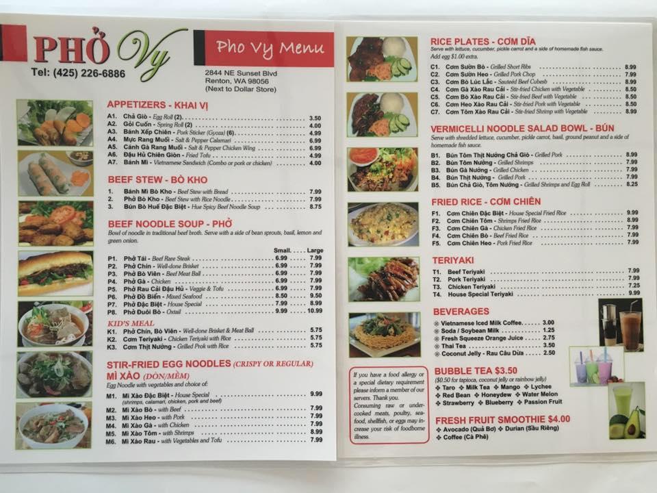Menu at Phở Vy Vietnamese Restaurant, Kent
