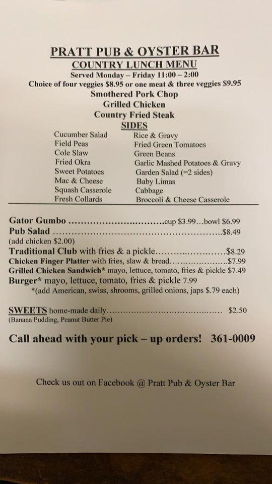 Menu at Pratt Pub & Oyster Bar, Prattville, E Main St