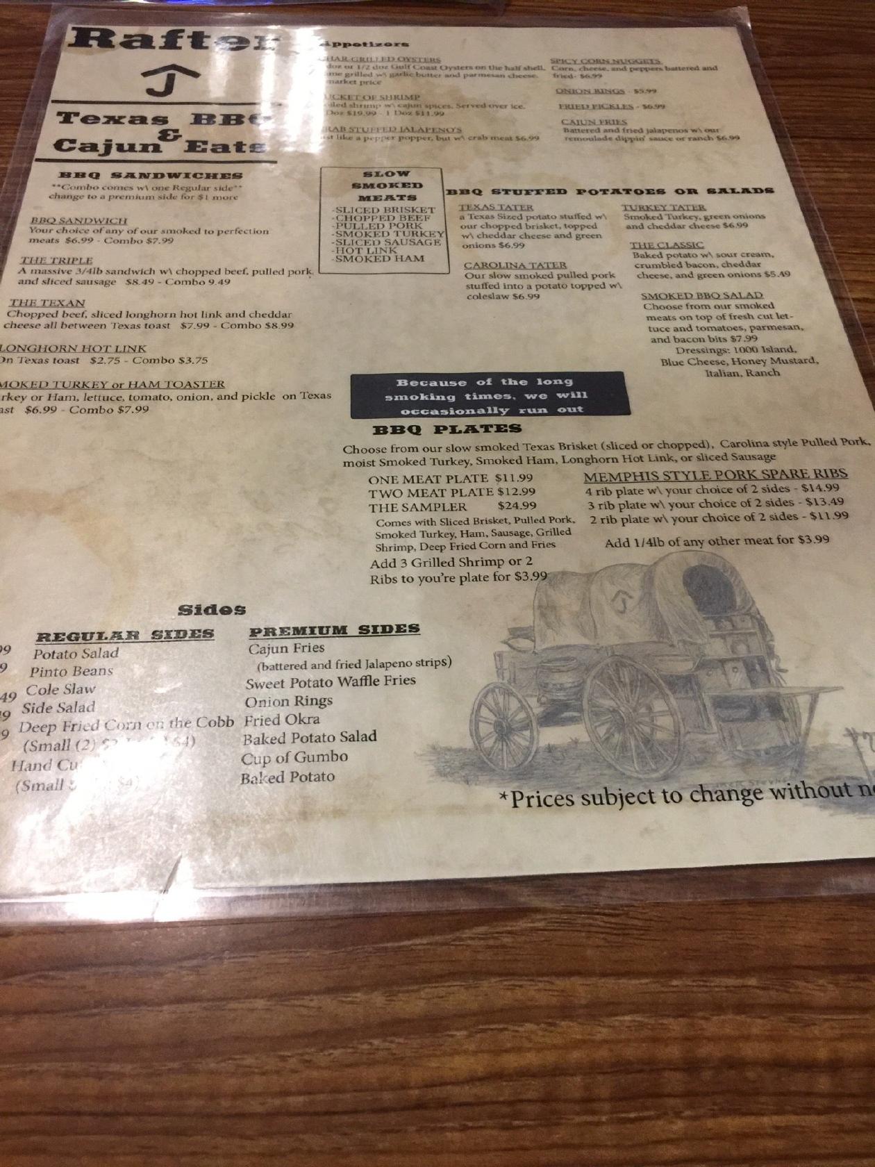 Menu at Rafter J BBQ and Cajun Eats, Iowa Park, 507 SW Access Rd