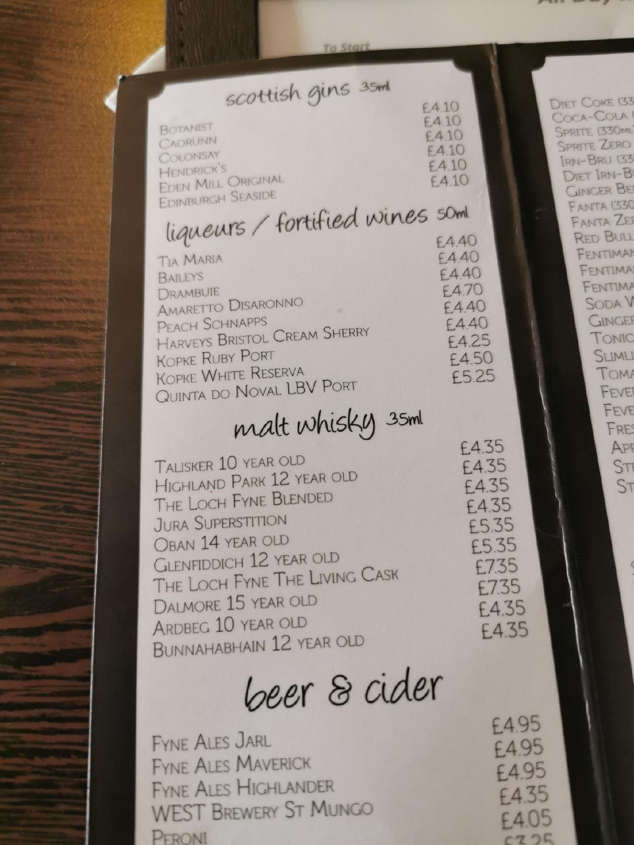 Menu at Samphire restaurant, Inveraray