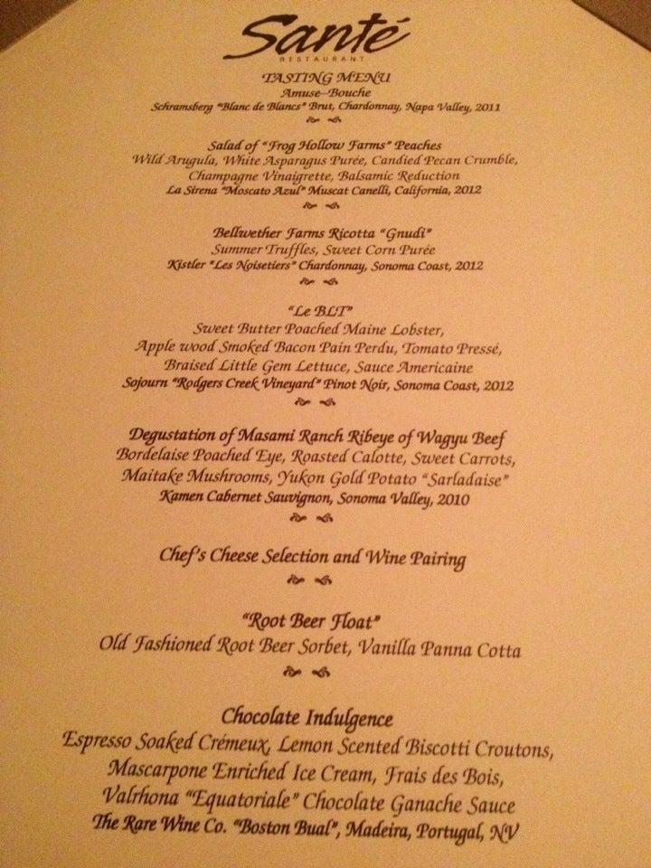 Menu at Santé restaurant, Sonoma, 100 Boyes Blvd