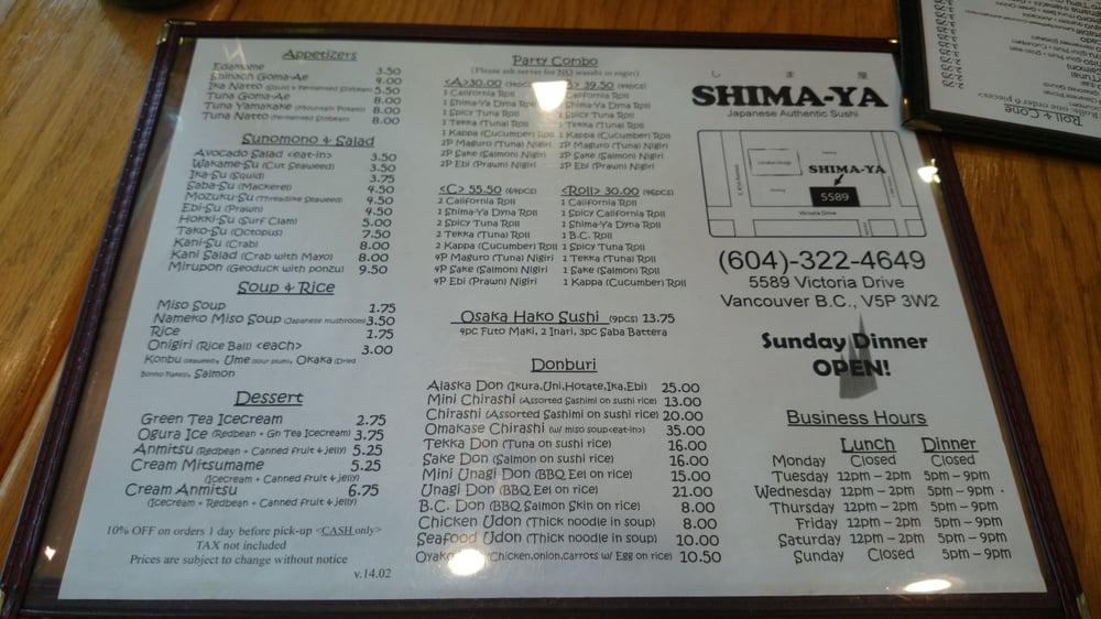 Menu at Shima-Ya Sushi restaurant, Vancouver
