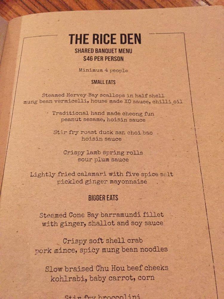 Menu at The Rice Den restaurant, St Leonards, 30-32 Chandos St