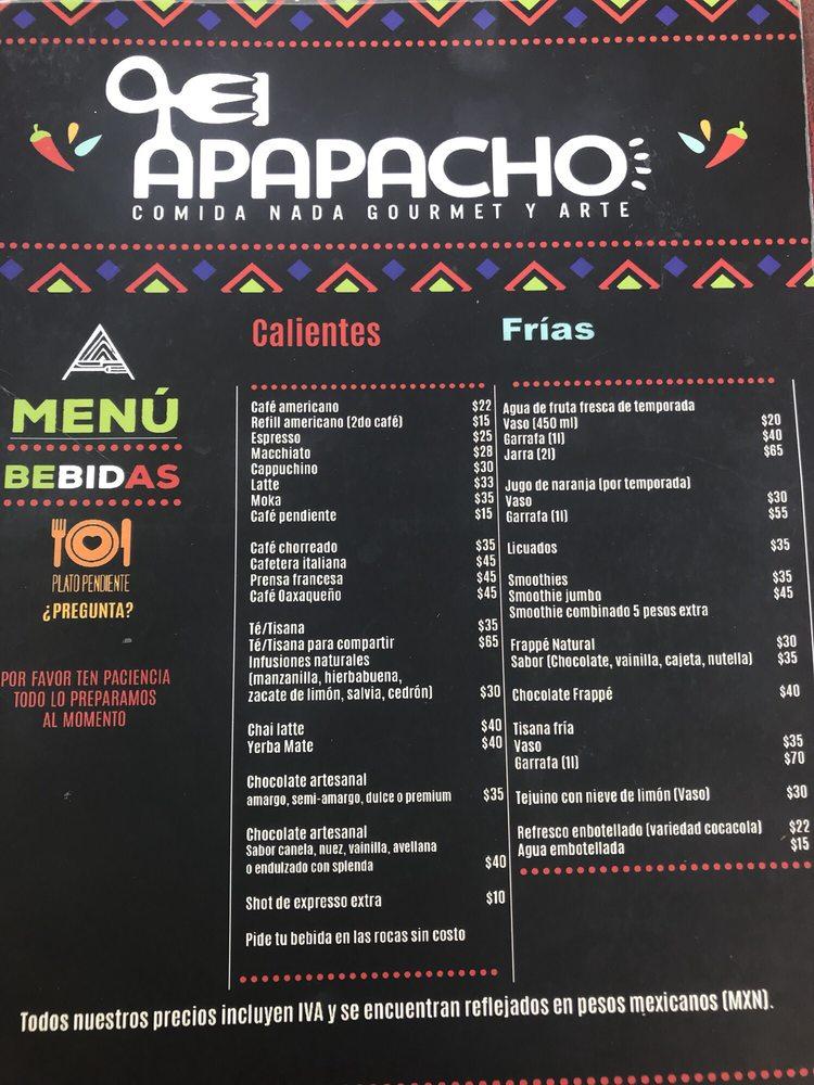 Carta del restaurante El Apapacho "Comida Nada Gourmet y Arte", Merida