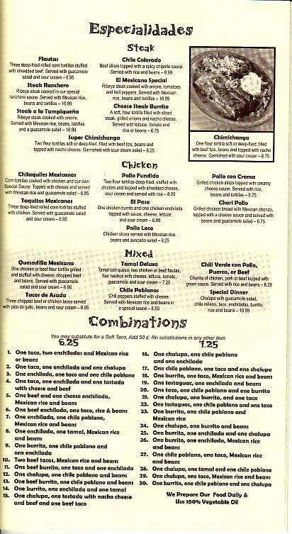 Menu at El Mexicano restaurant, Clover