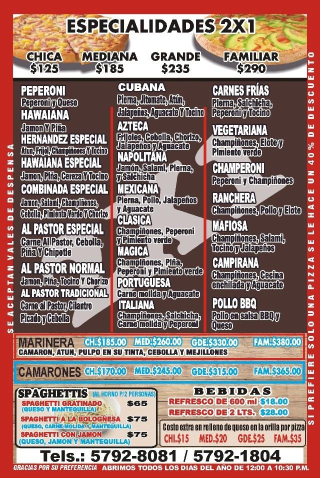 Carta del restaurante Hernandez Pizza, Nezahualcóyotl, Av. Pantitlán 129
