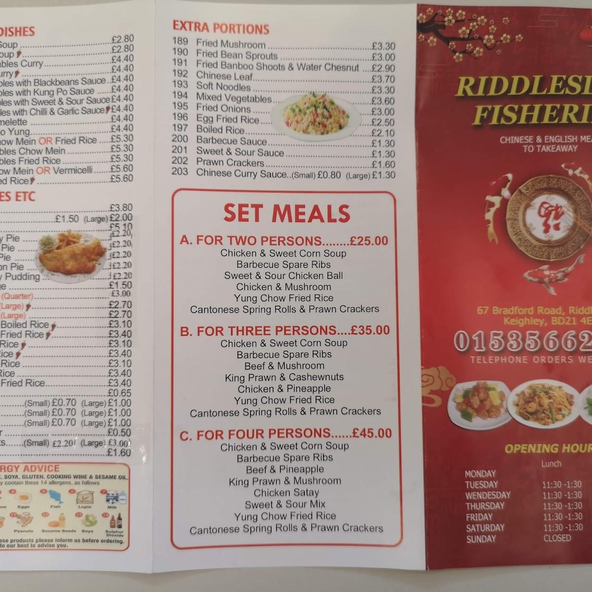Menu at Riddlesden Fisheries fast food, Keighley