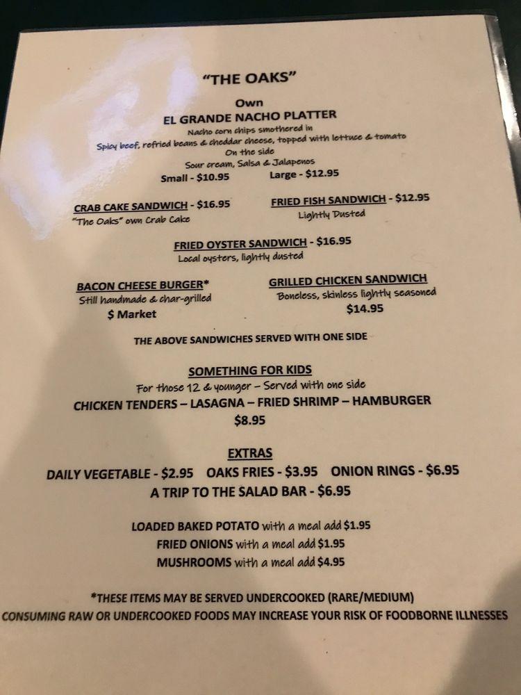 Menu at The Oaks restaurant, Lancaster, Mary Ball Rd