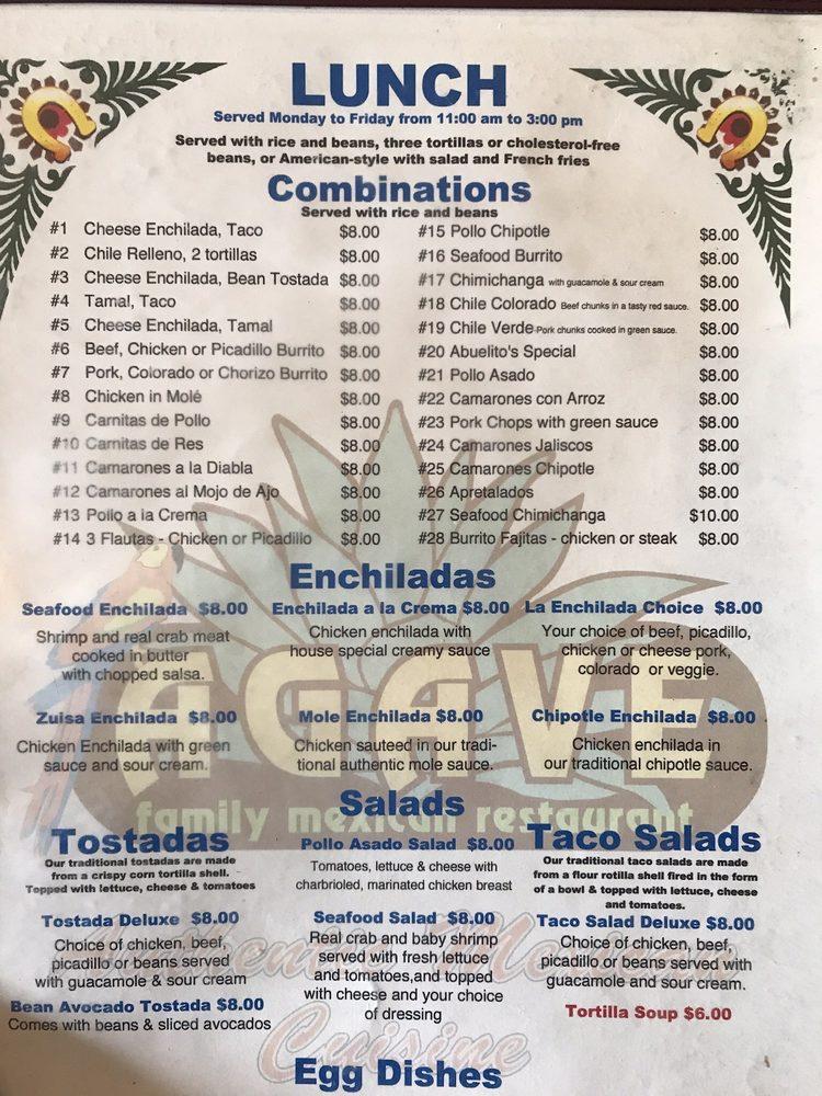 Menu at Agave restaurant, Driggs