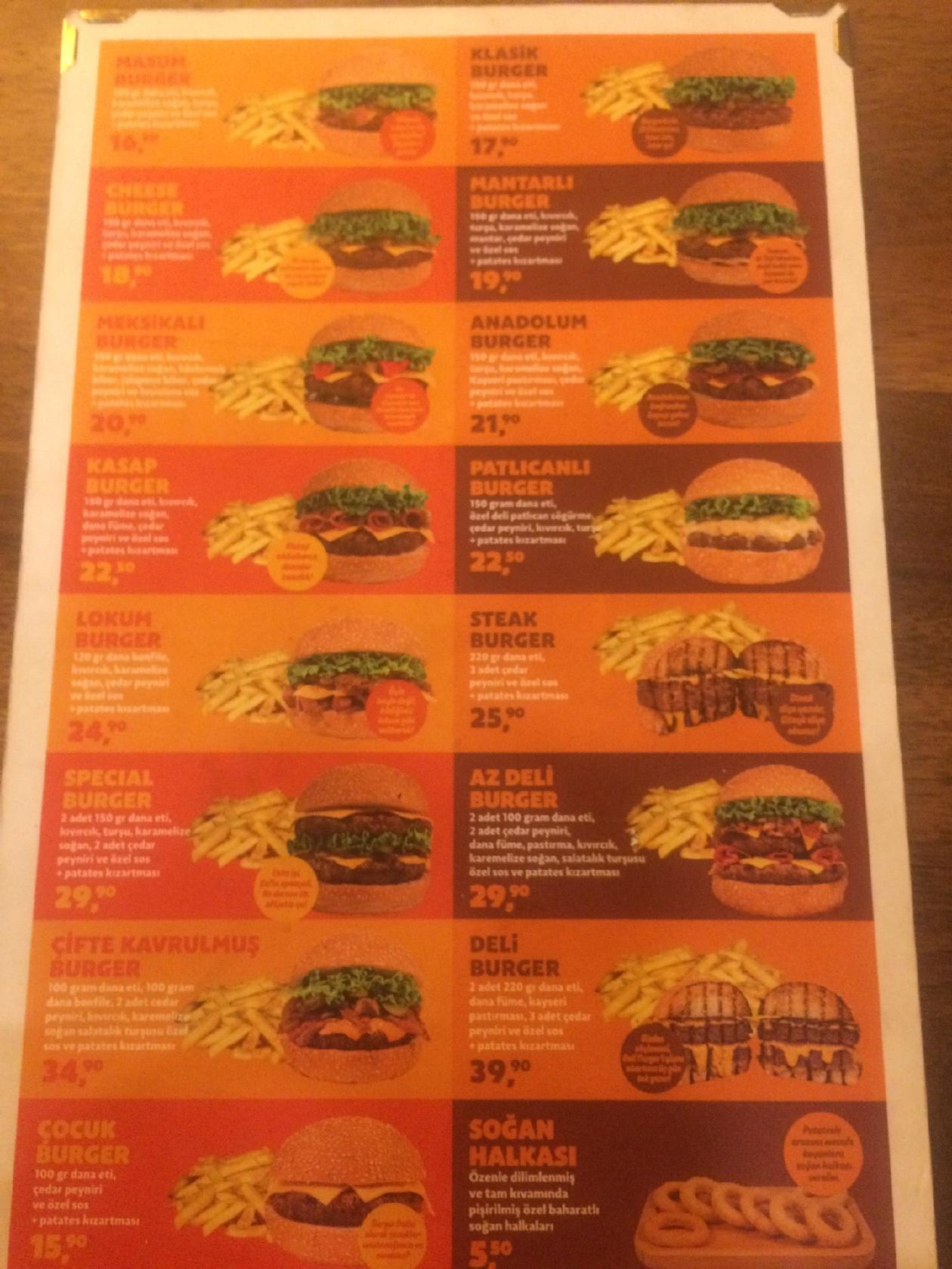 Menu at Burger Delisi, Istanbul