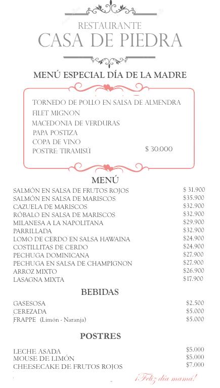Carta del restaurante Casa del Piedra, Sabana del Torres