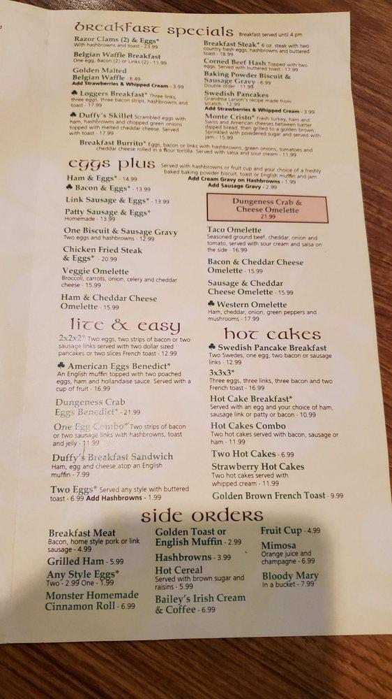 Menu at Duffy's restaurant, Aberdeen, Simpson Ave