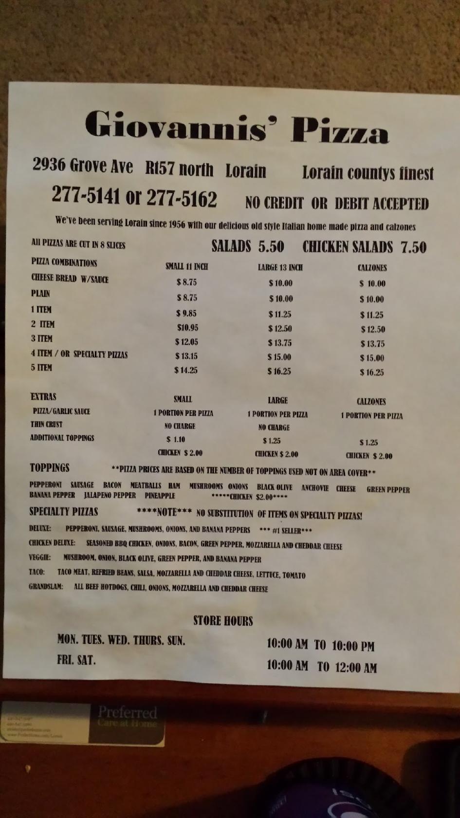 Menu at Giovanni's Pizza pizzeria, Lorain
