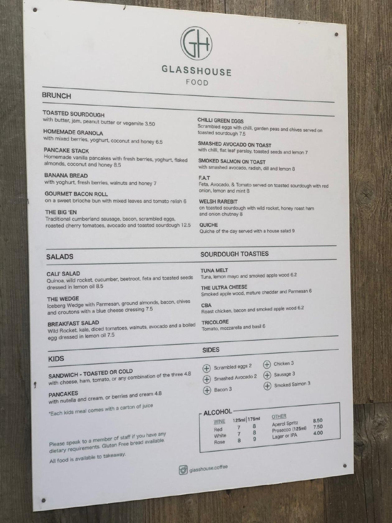 Menu at Glasshouse Coffee, Fulham cafe, London, Bishop's Ave