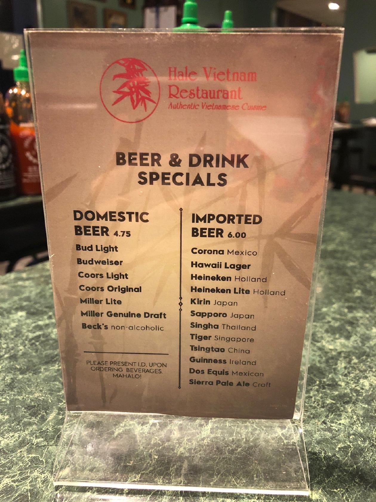 Menu at Hale Vietnam Restaurant, Honolulu