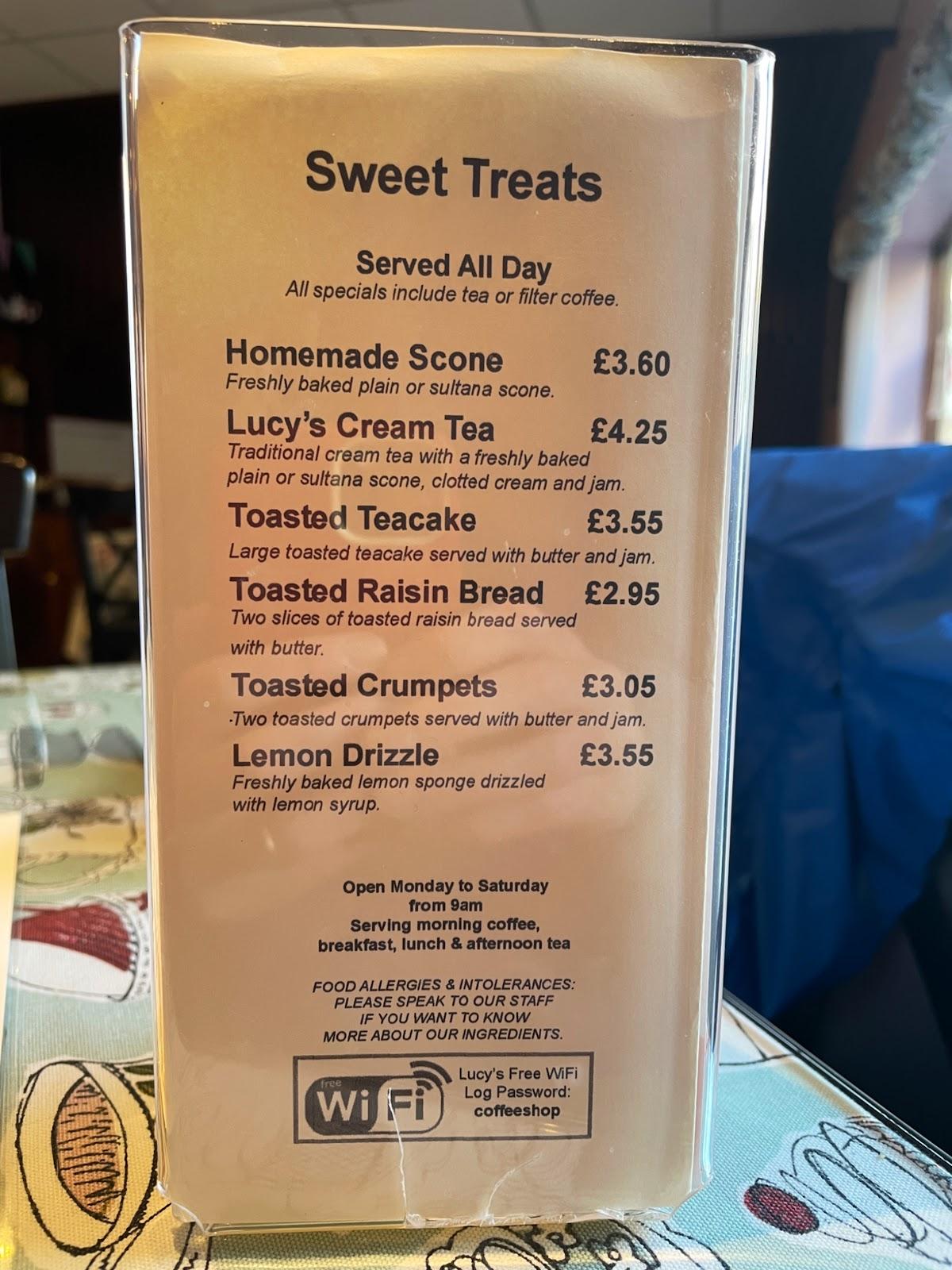 Menu at Lucy's Coffee Shop cafe, Southport