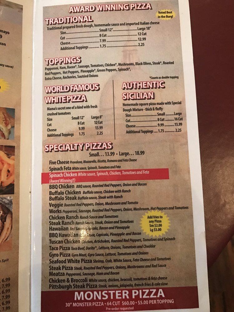 Menu at Mama Lena’s Pizza pizzeria, McKees Rocks