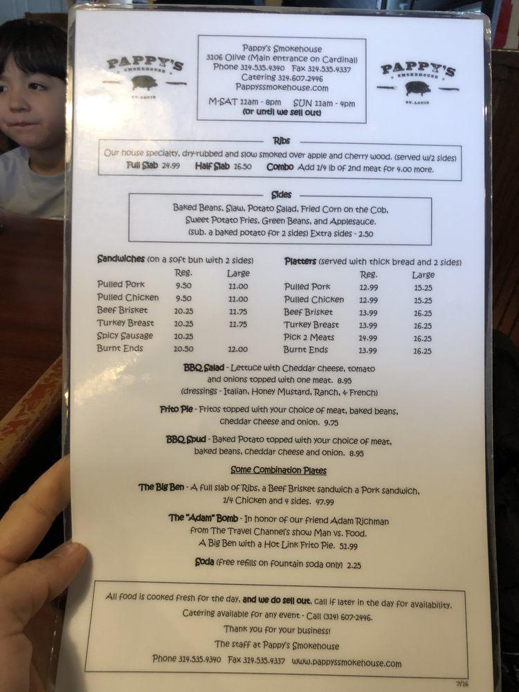 Menu at Pappy's Smokehouse BBQ, St. Louis