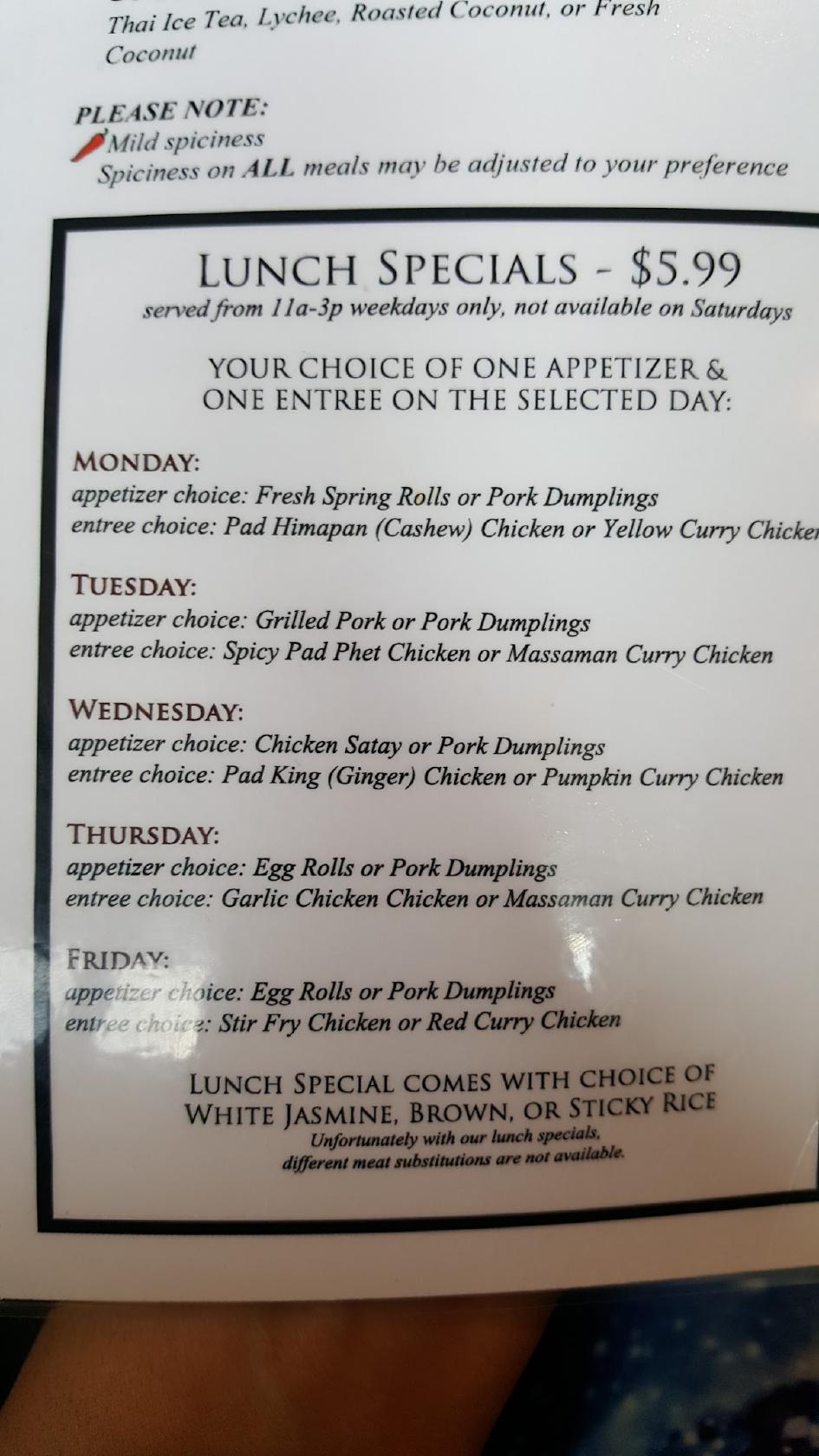 Menu at Pique Thai restaurant, Highland