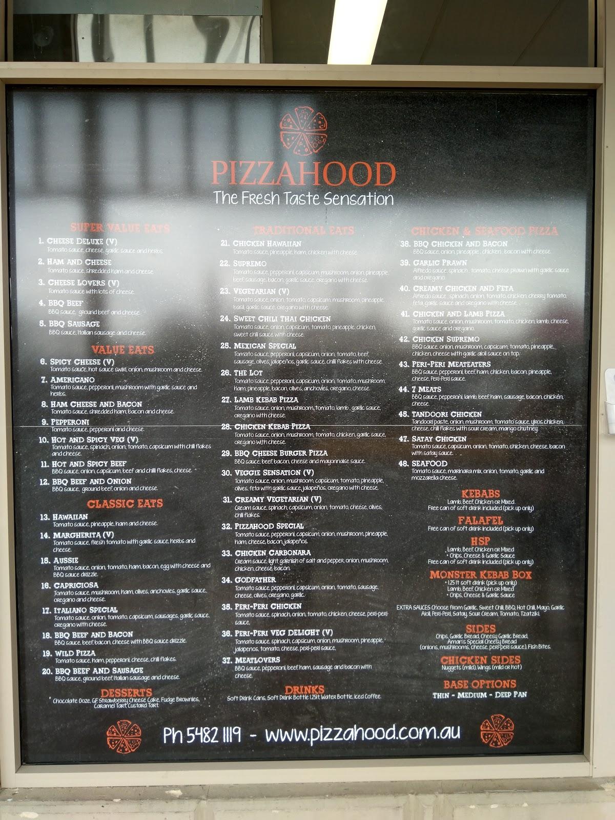 Menu at Pizzahood restaurant, Echuca