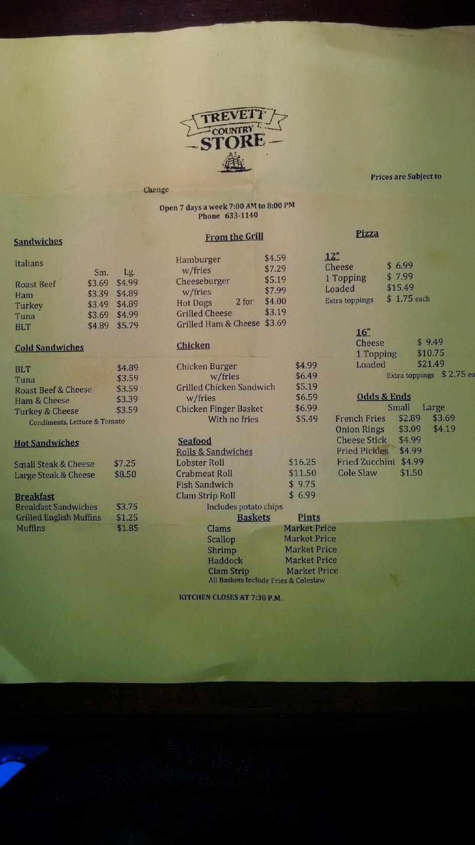 Menu at Trevett Country Store restaurant, Boothbay, 381 W Barters Island Rd