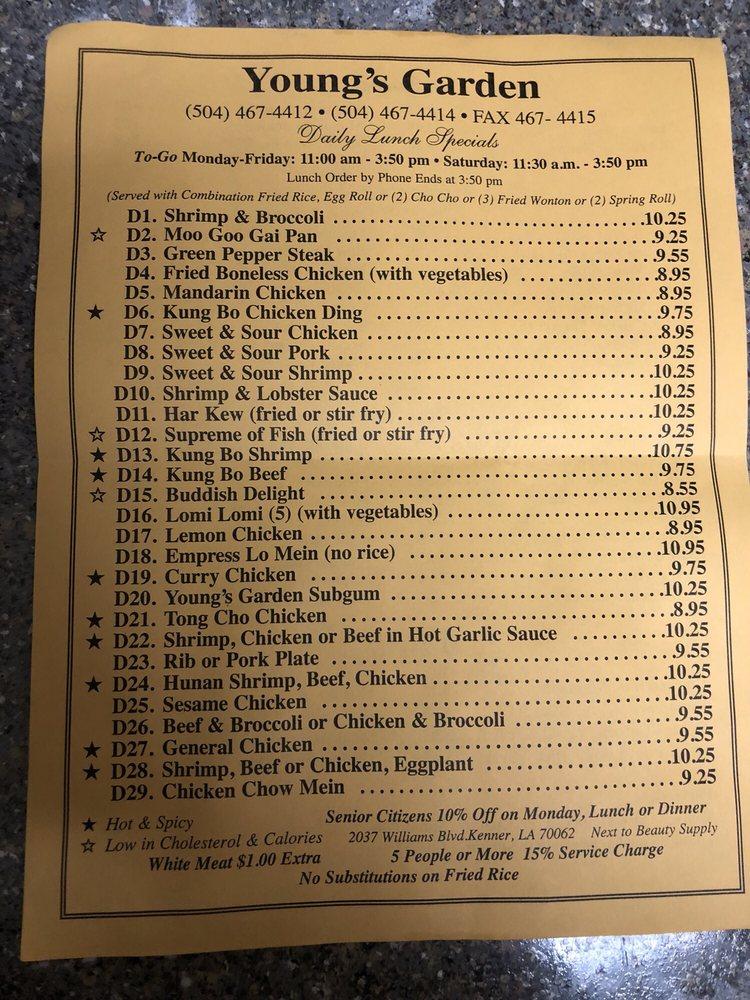 Menu at Young's Garden Chinese Restaurant, Kenner, Williams Blvd