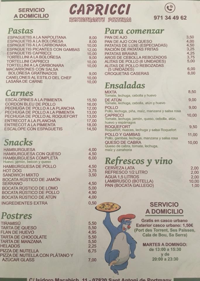 Menu at Pizzería Capricci, Sant Antoni de Portmany