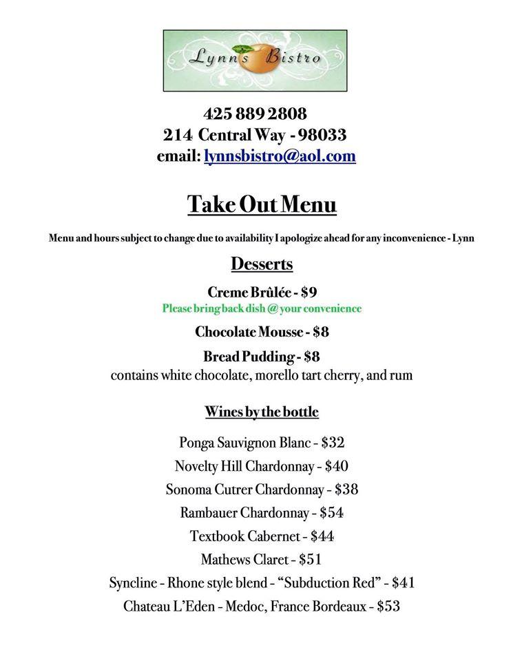Menu at Lynn's Bistro restaurant, Kirkland