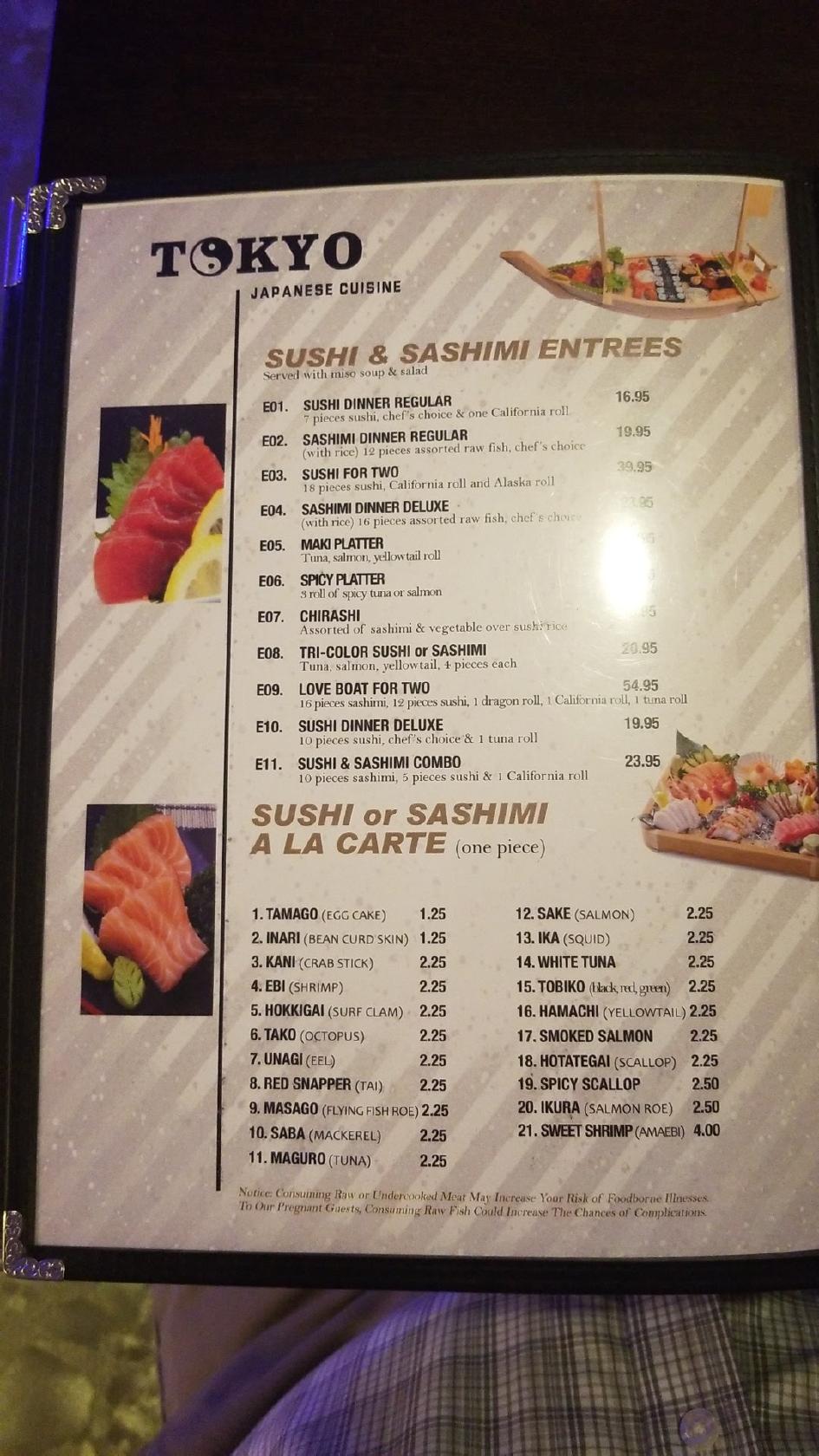 Menu at Tokyo Japanese Cuisine restaurant, Wichita