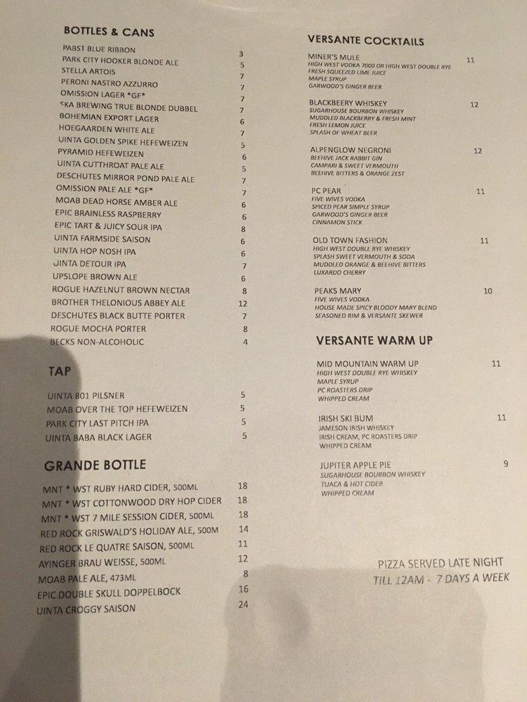 Menu at Versante Hearth + Bar, Park City