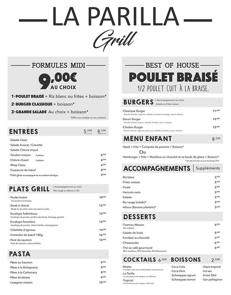 Menu at La Parilla restaurant, Pontoise