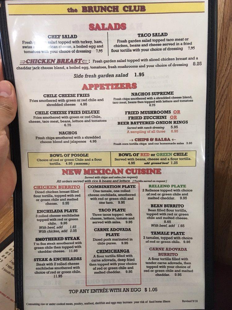 Menu at The Breakfast Club, Albuquerque