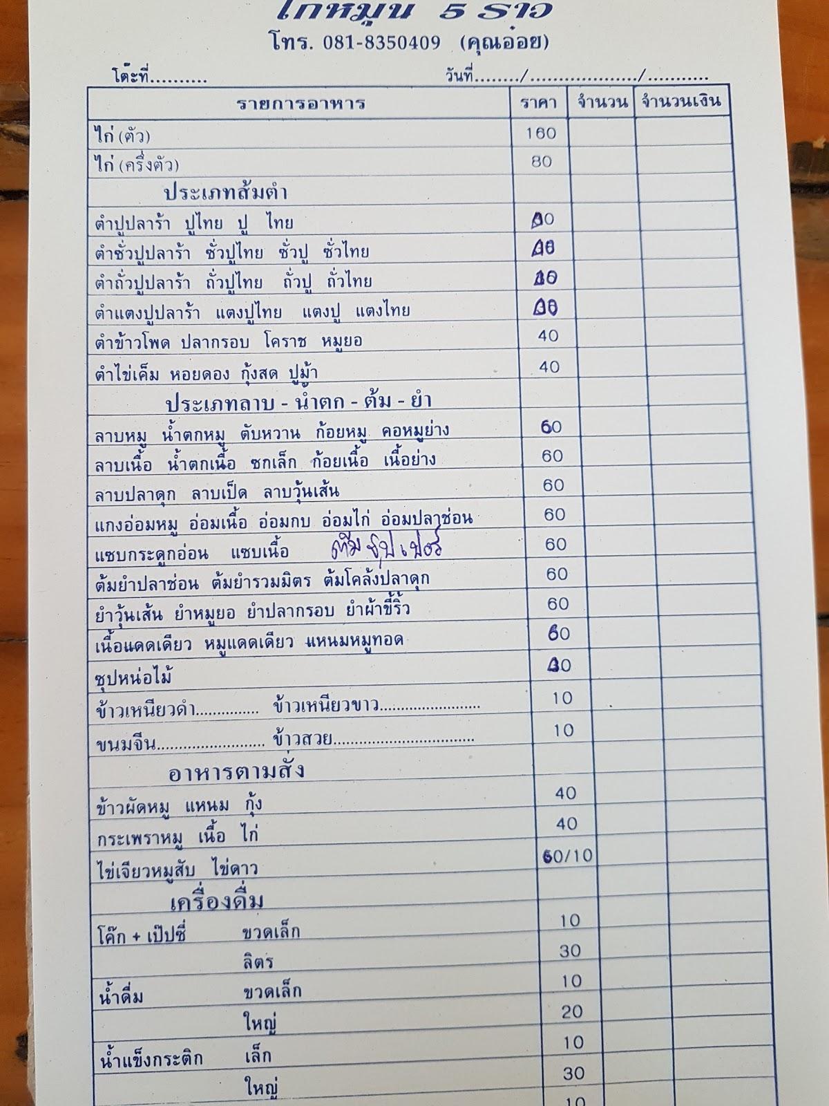 Menu at Chicken 5 Rails restaurant, Dong Phra Ram