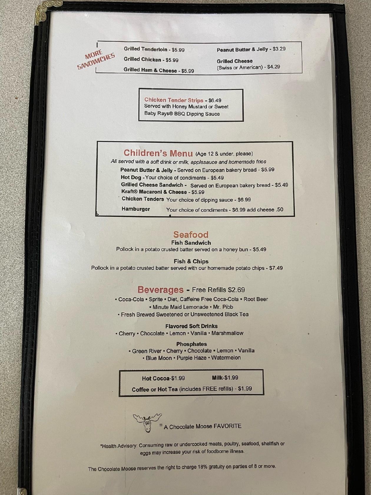 Menu at The Chocolate Moose desserts, Farmland