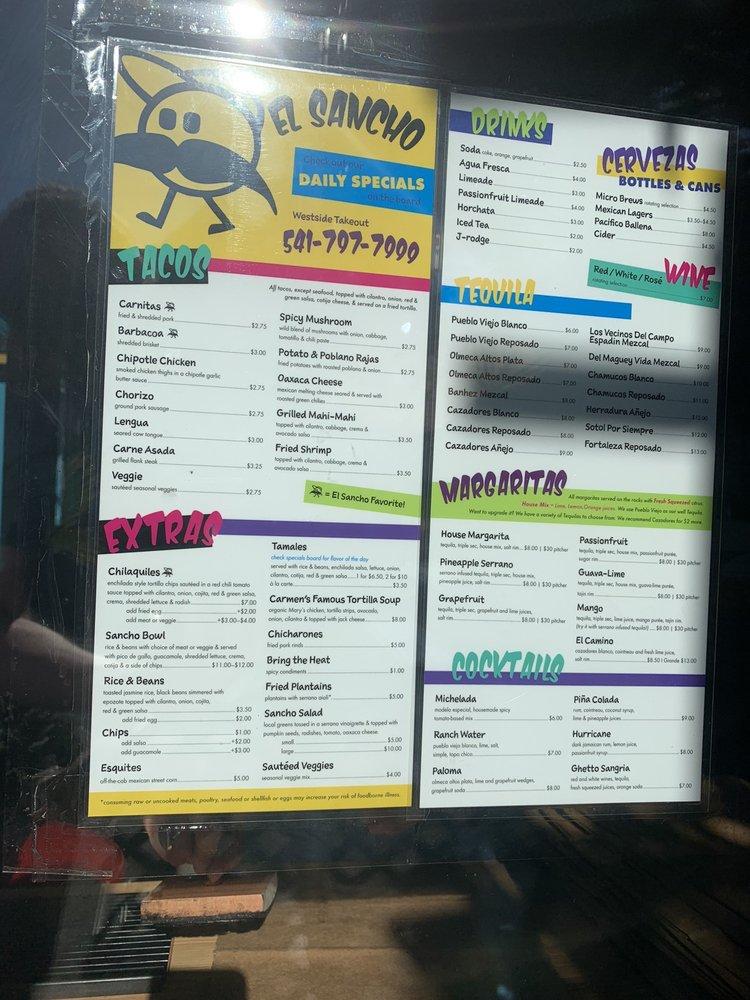 Menu at El Sancho Taco Shop West restaurant, Bend, NW Galveston Ave