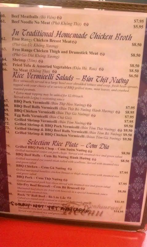 Menu at LeQuy restaurant, Campbell