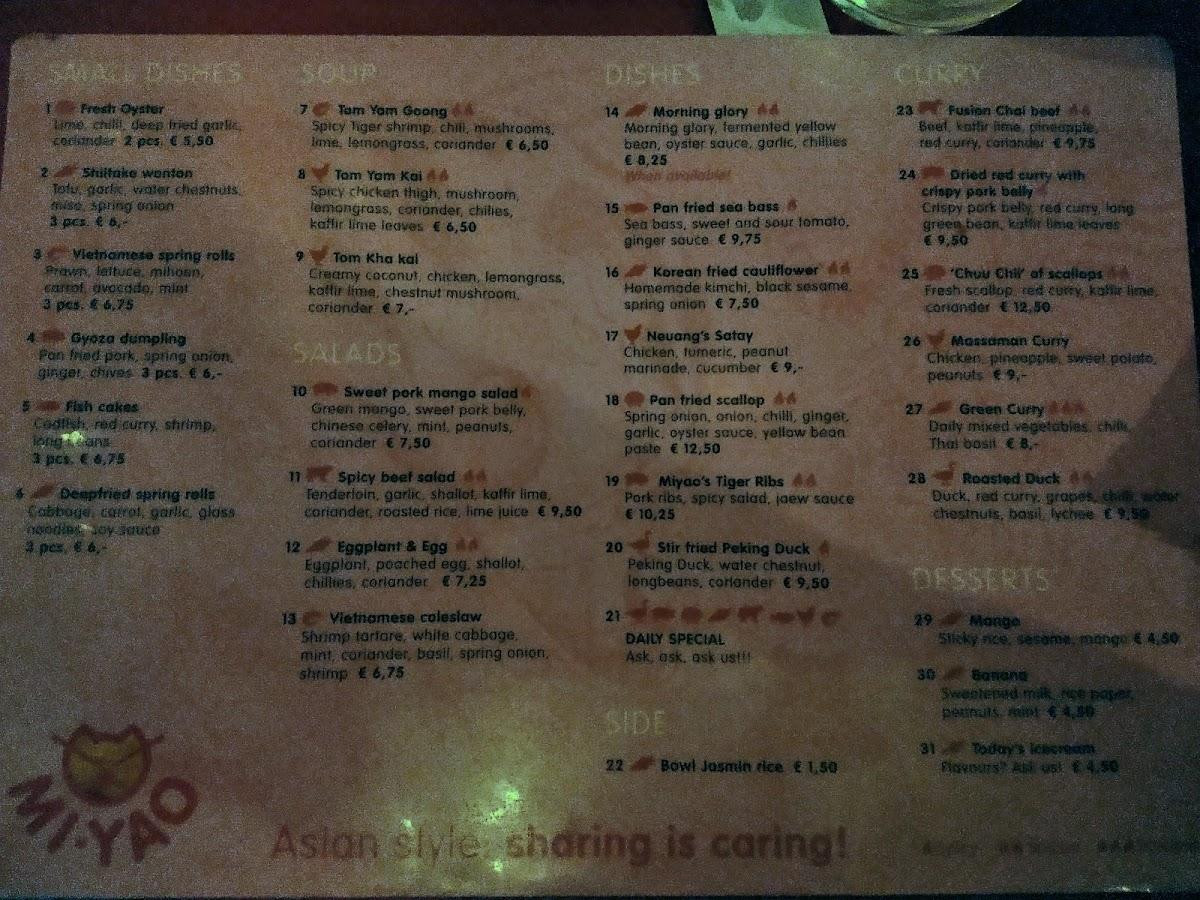 Menu at Mi-Yao, Amersfoort