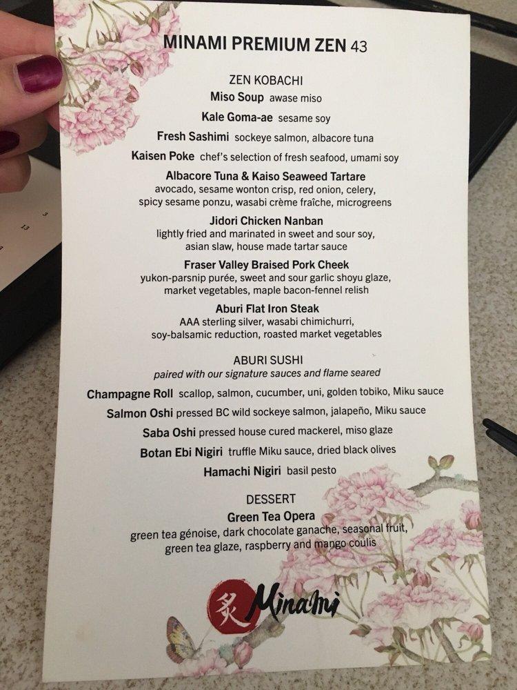 Menu at Minami restaurant, Vancouver