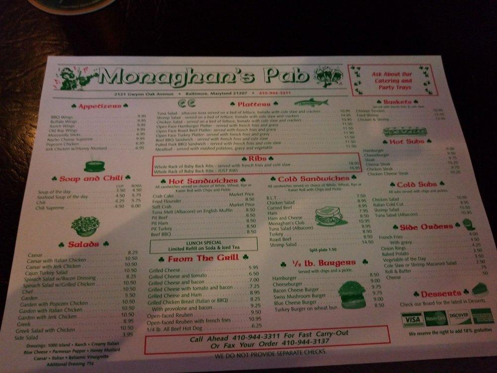 Menu at Monaghan's Pub, Baltimore