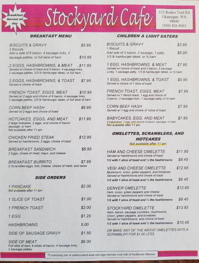 Menu at Stockyard Cafe Too Brewster location, Okanogan